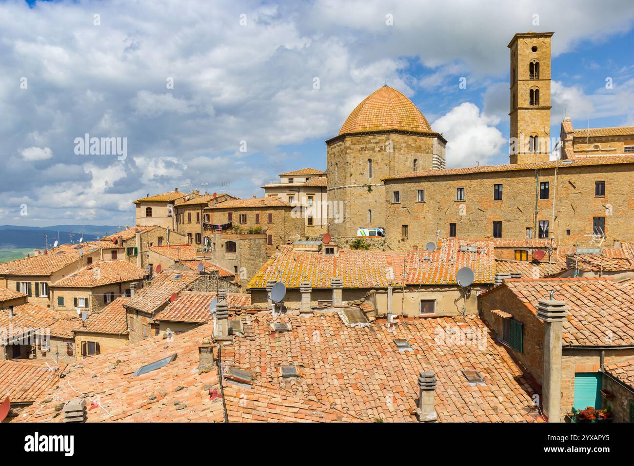 Dome and tower of the historic cathedral in Volterra, Italy Stock Photo ...