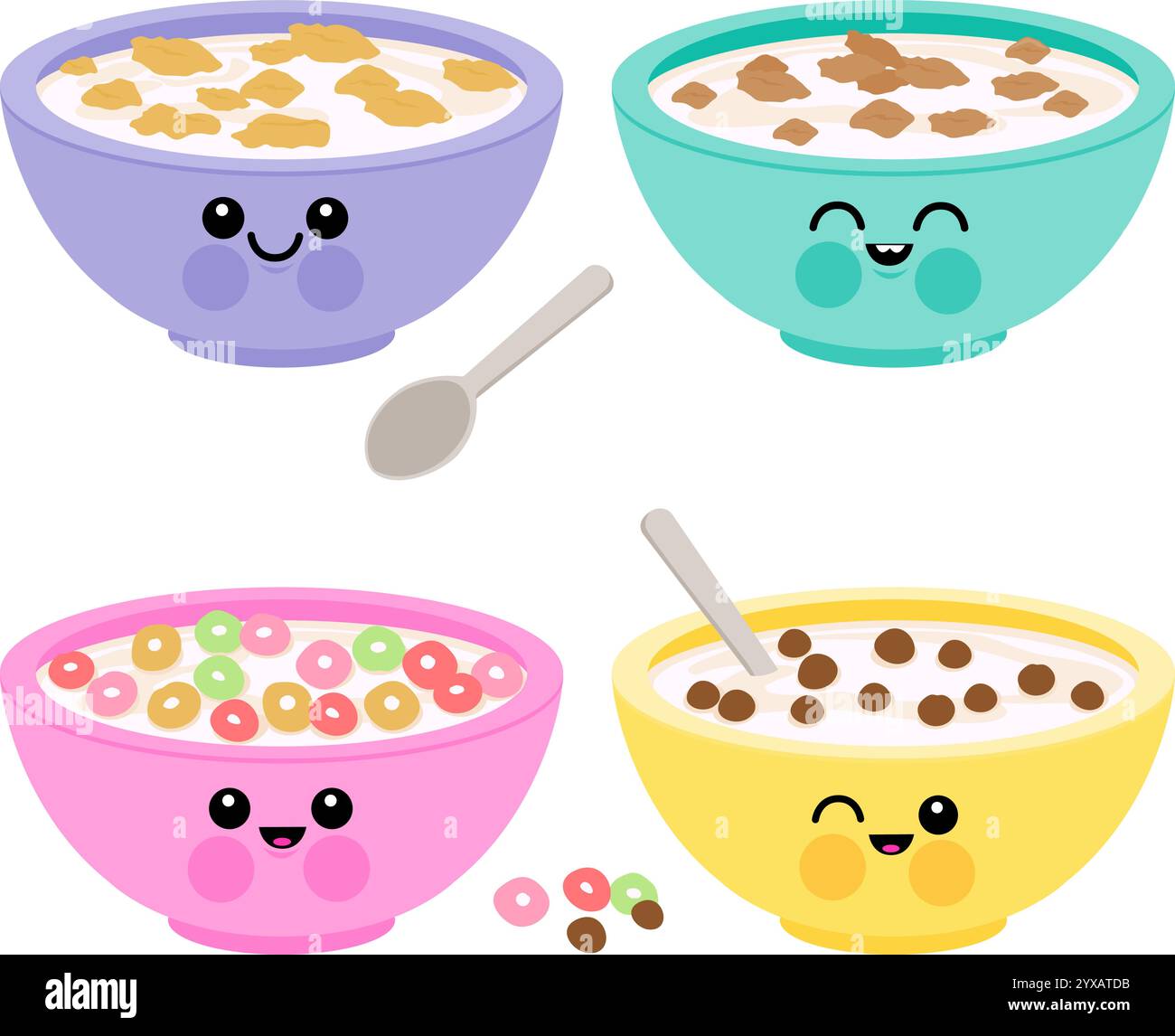 Cute bowls of breakfast cereal. Cereal breakfast bowl set characters ...