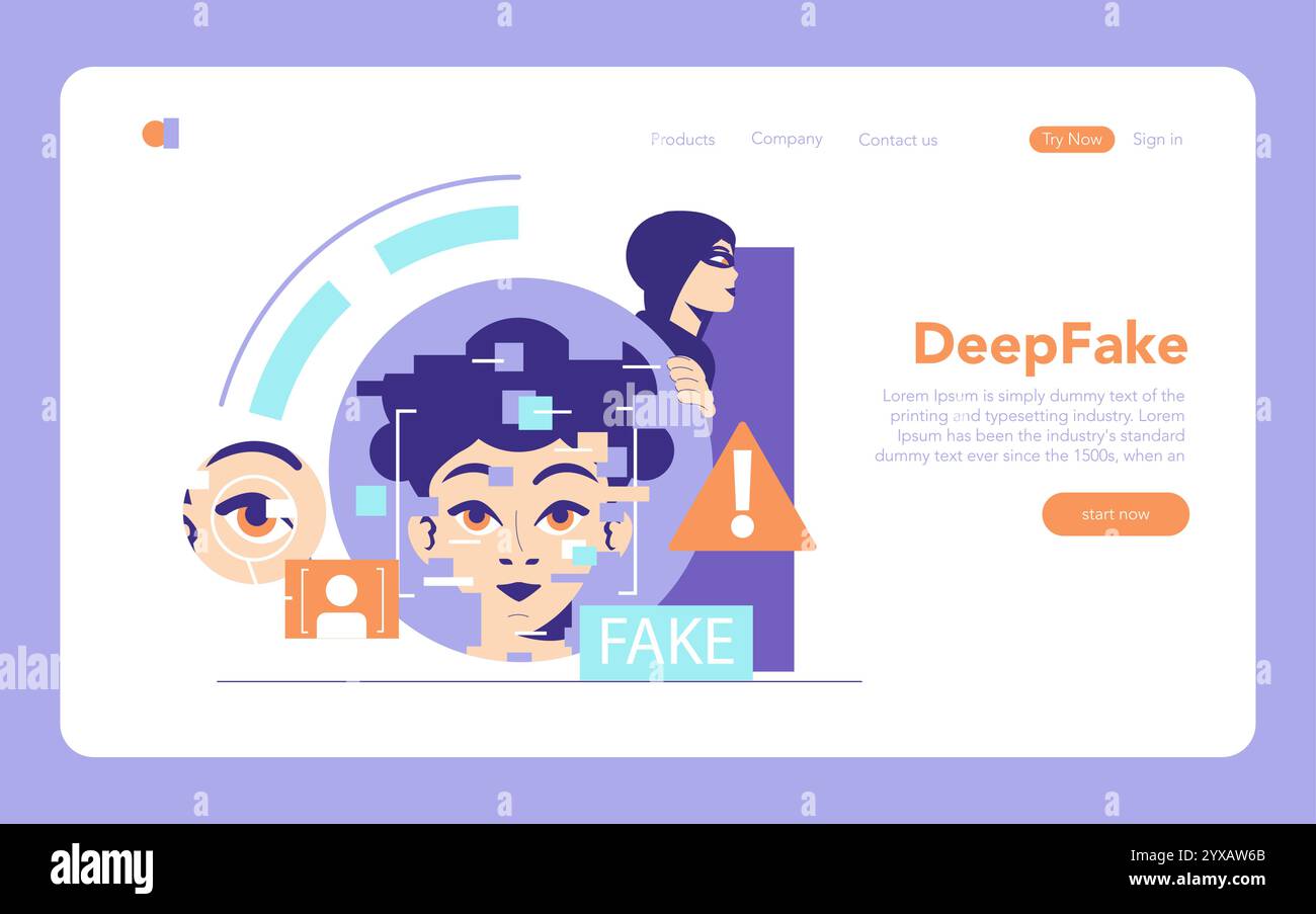 Cybercrime concept. A digital illustration showcasing identity manipulation through deepfake ...