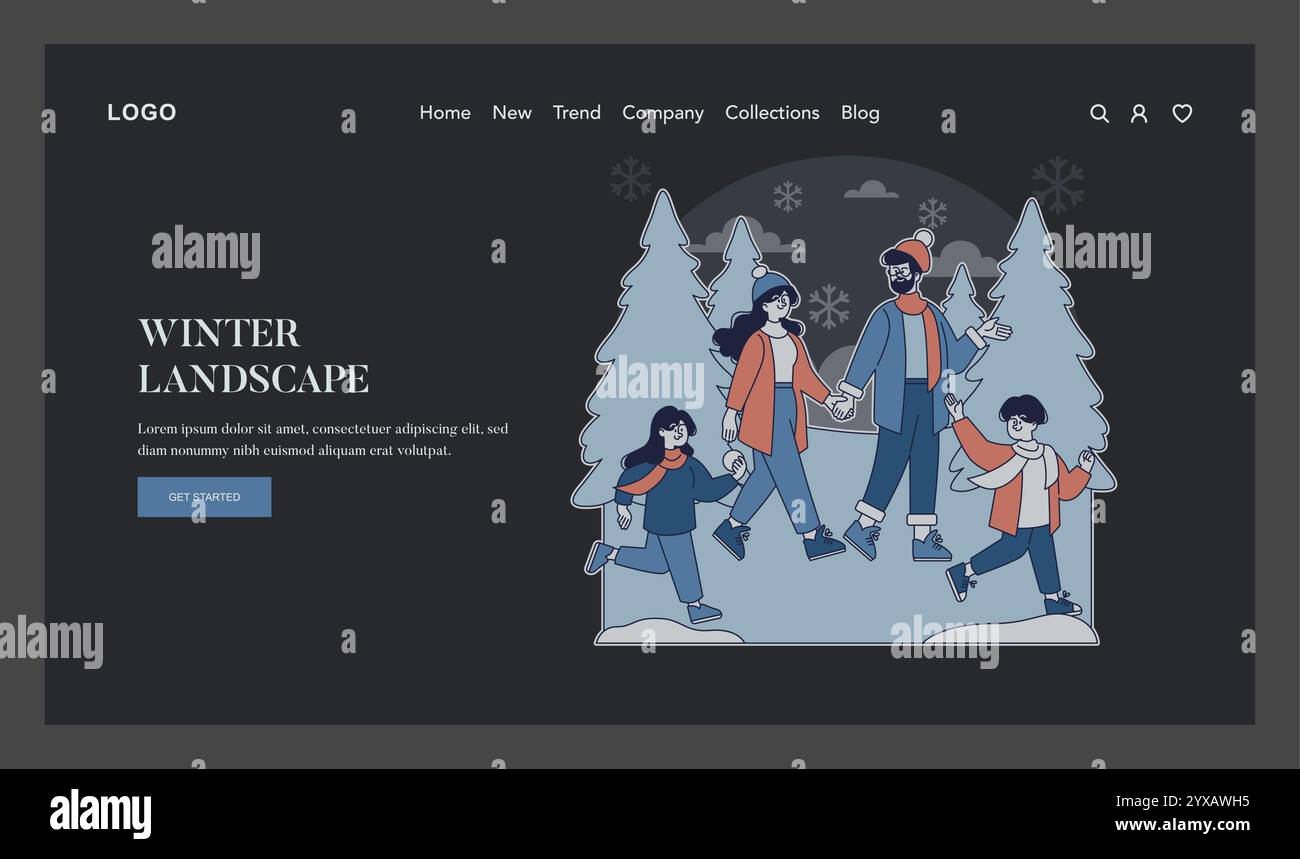 Hello Winter concept. A family enjoying a leisurely walk in a serene winter landscape with snow ...