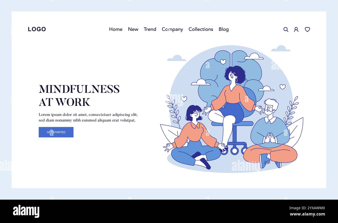 Workplace Mindfulness Concept. Employees engage in meditation and relaxation to prevent burnout ...