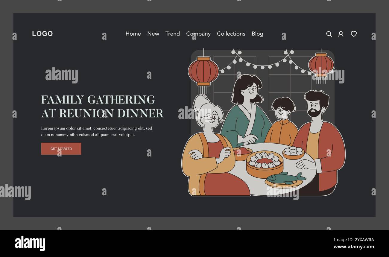 Lunar New Year concept. Illustration of a family enjoying a reunion ...