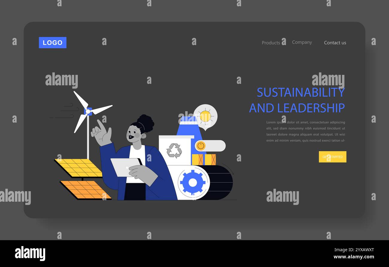 Women Leaders concept. Illustration of a female leader promoting sustainability with renewable ...