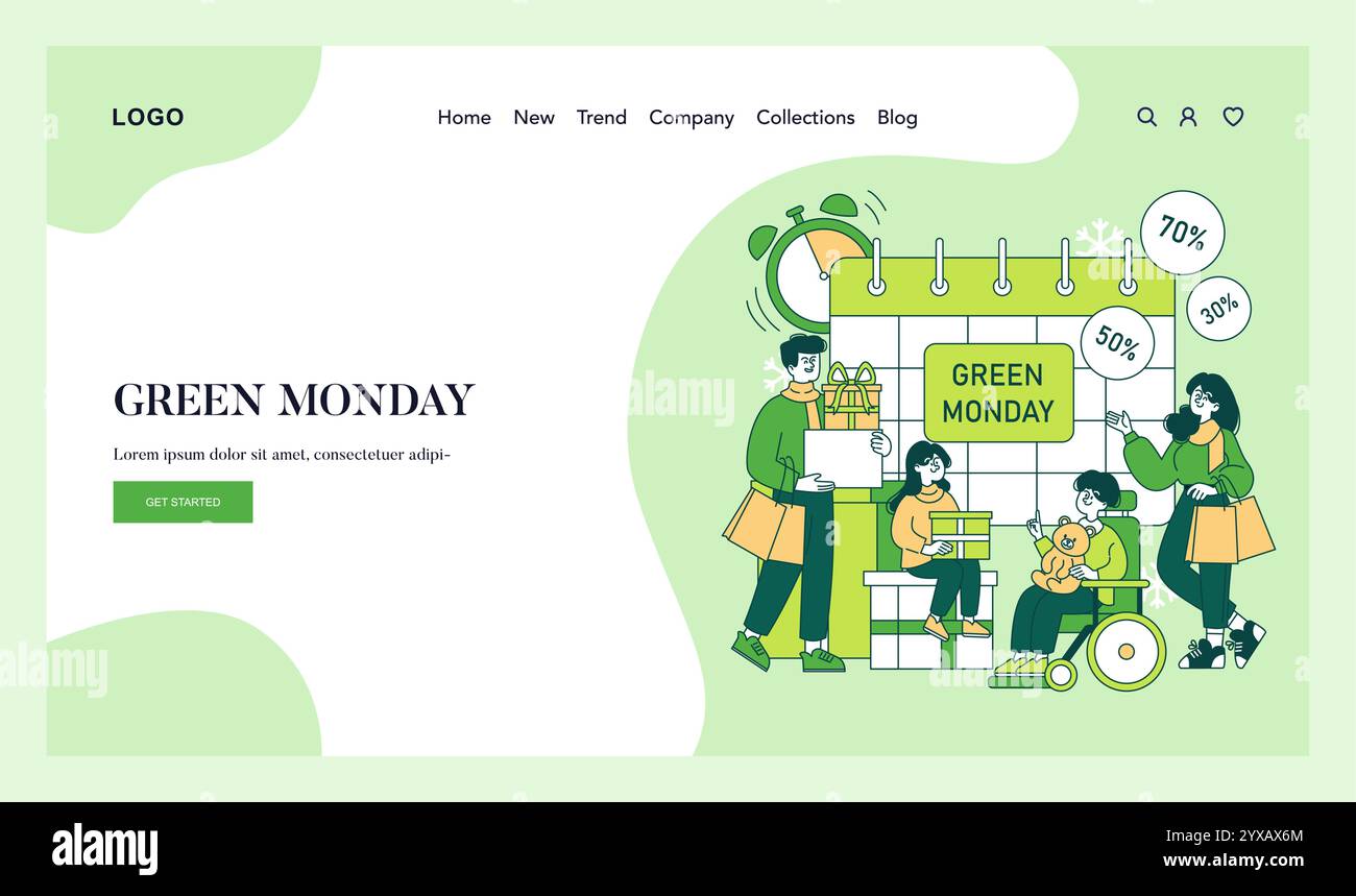 Green Monday concept. Illustration of consumers enjoying sustainable ...