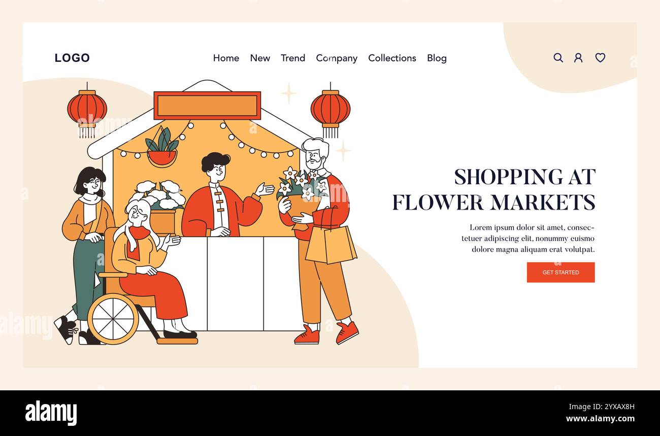 Lunar New Year shopping scene with family choosing flowers at a market ...