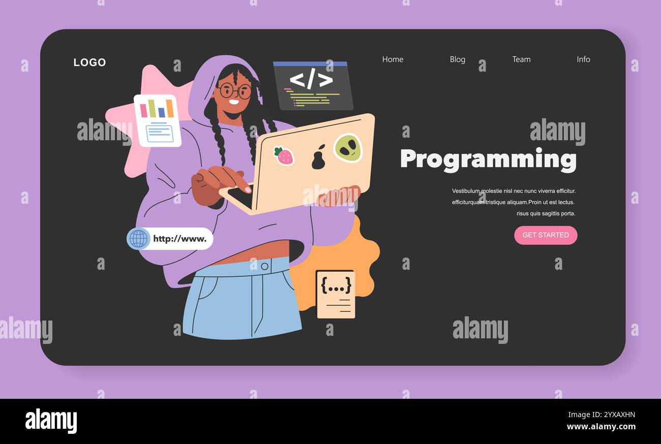 Gen Z Hobbies concept. A young woman coding on her laptop, embedded in a stylish webpage layout ...