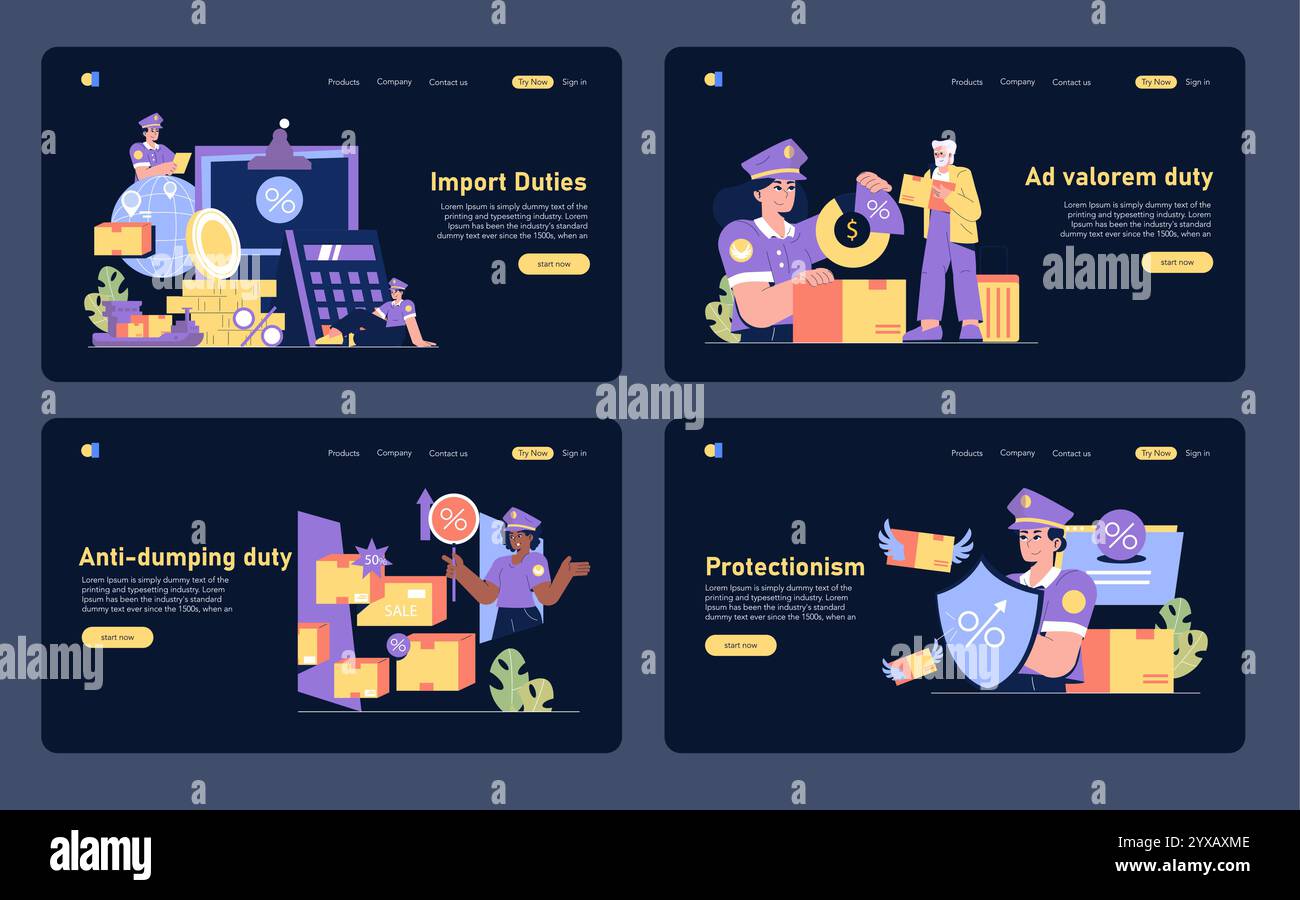 Customs Tariffs Set. Various types of import taxes and border control ...