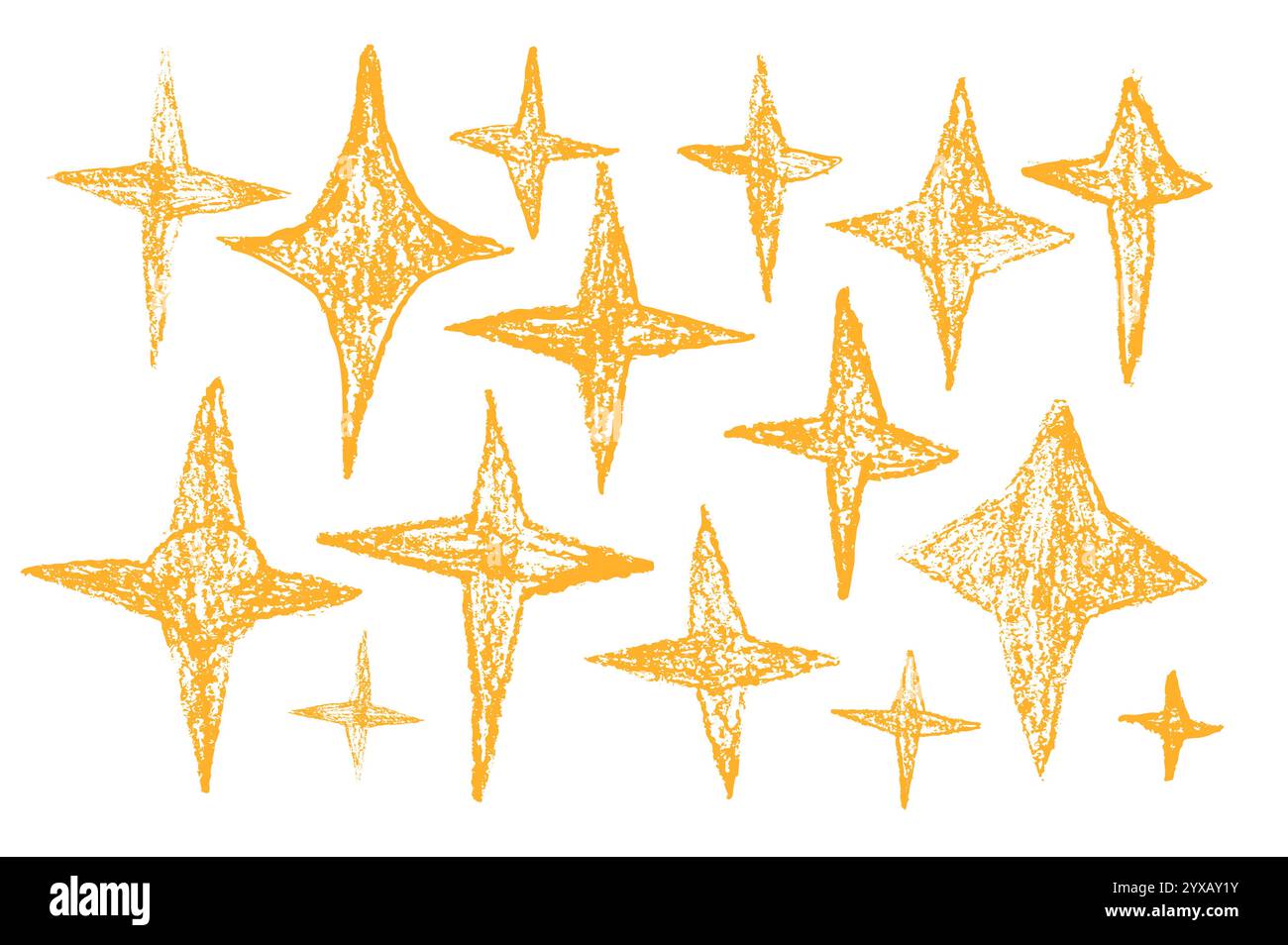 Crayon drawn golden sparkle stars set. Space shine shapes and blings doodle pack. Blinking on ...