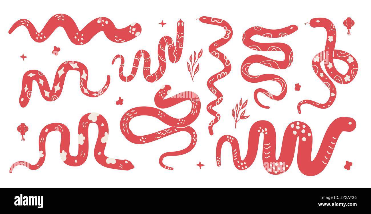 Green snake Chinese New Years symbol set. Cny zodiac snake lunar 2025 ...