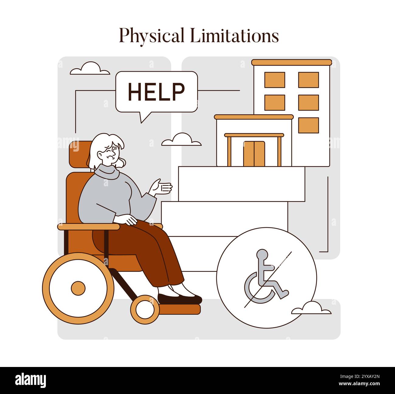 Retirement challenges concept. Elderly person in wheelchair facing inaccessible infrastructure ...