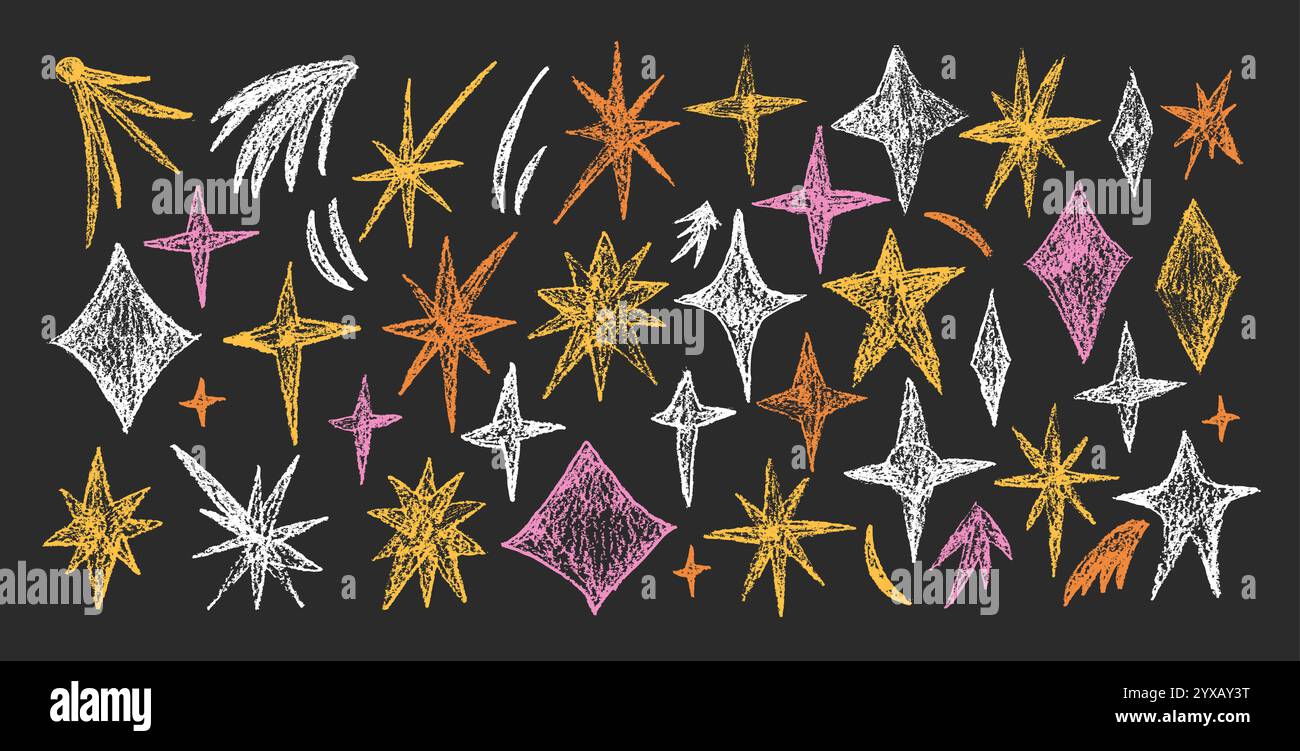 Sparkles stars doodle set. Crayon blings pack on chalkboard. Comets and ...