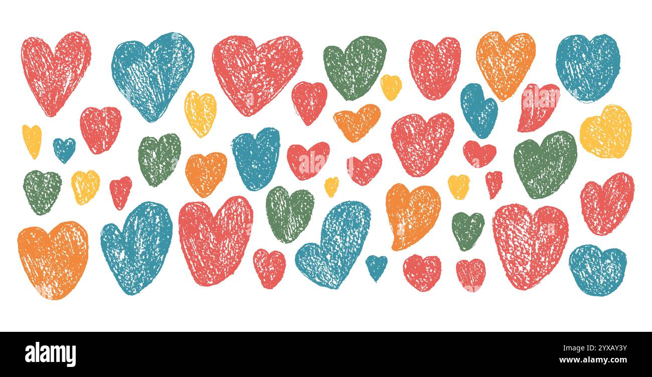 Colorful crayon hearts set. Romantic elements. Love signs grunge icons ...