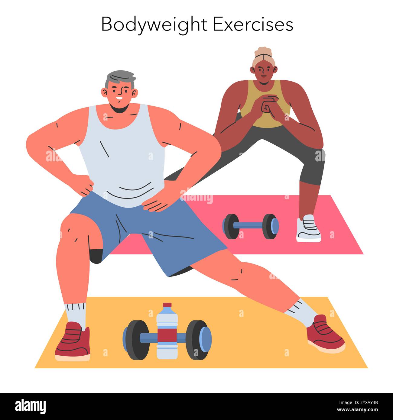 Home Fitness concept. Individuals engaging in bodyweight exercises ...