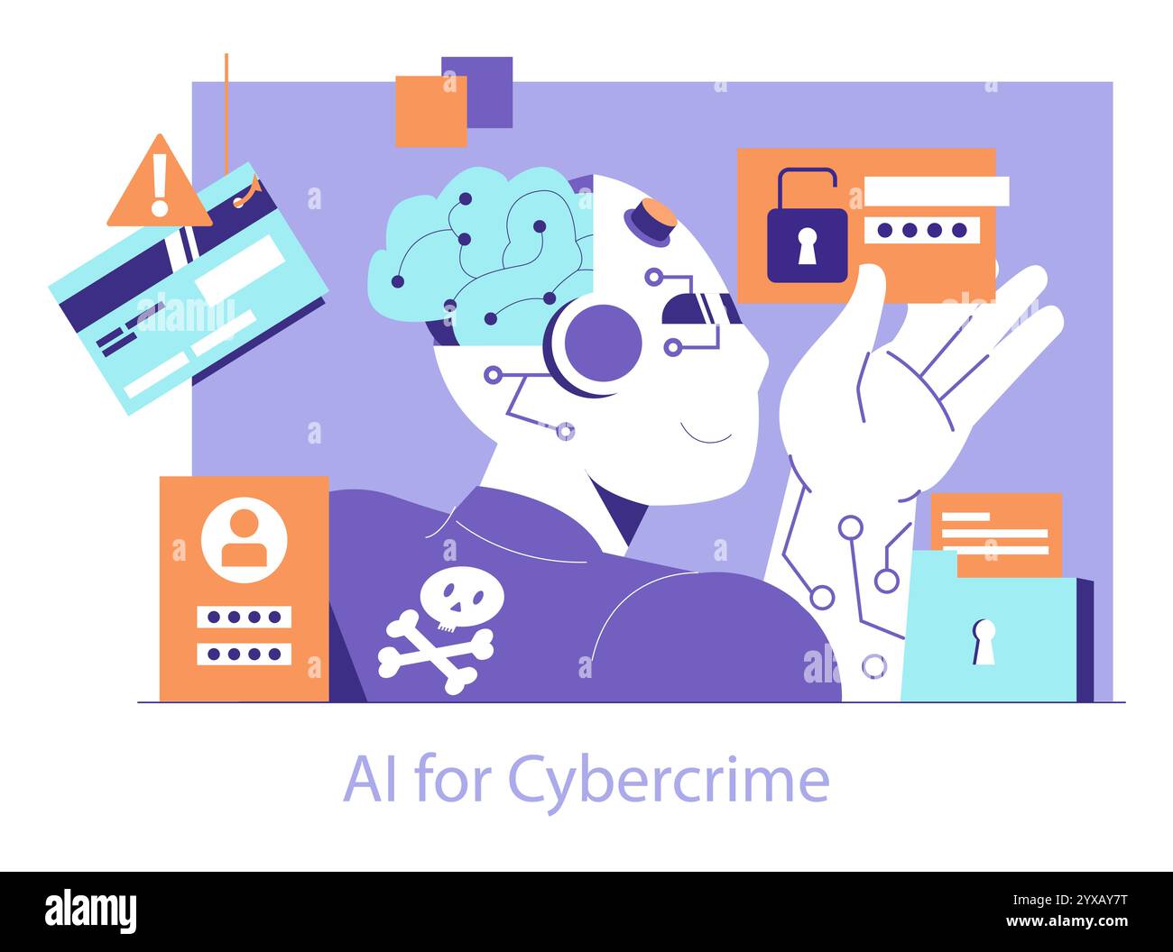 Cybercrime concept. A stylized robot with a brain circuit holds a ...