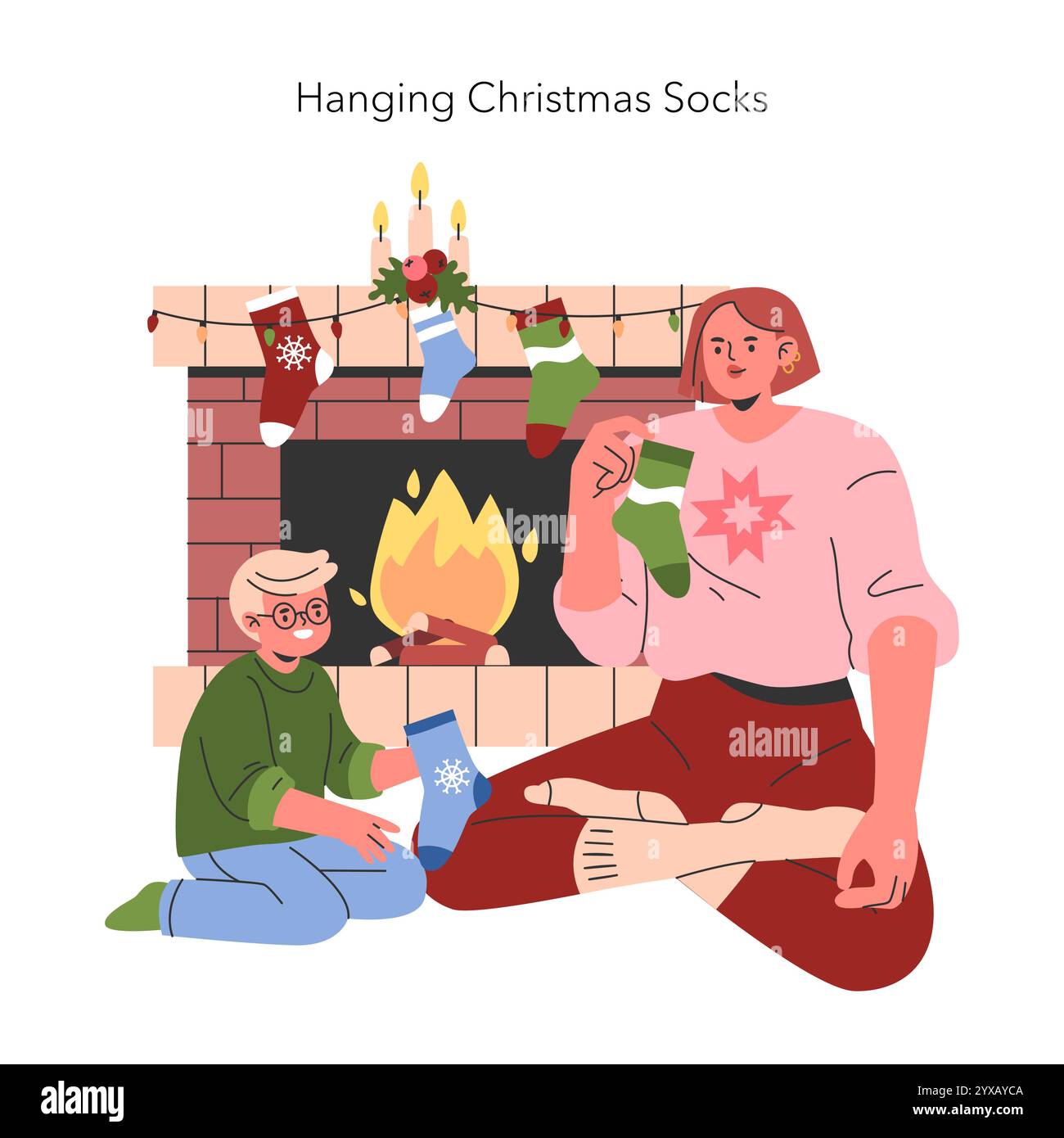 Christmas family tradition of hanging festive socks by the warm ...