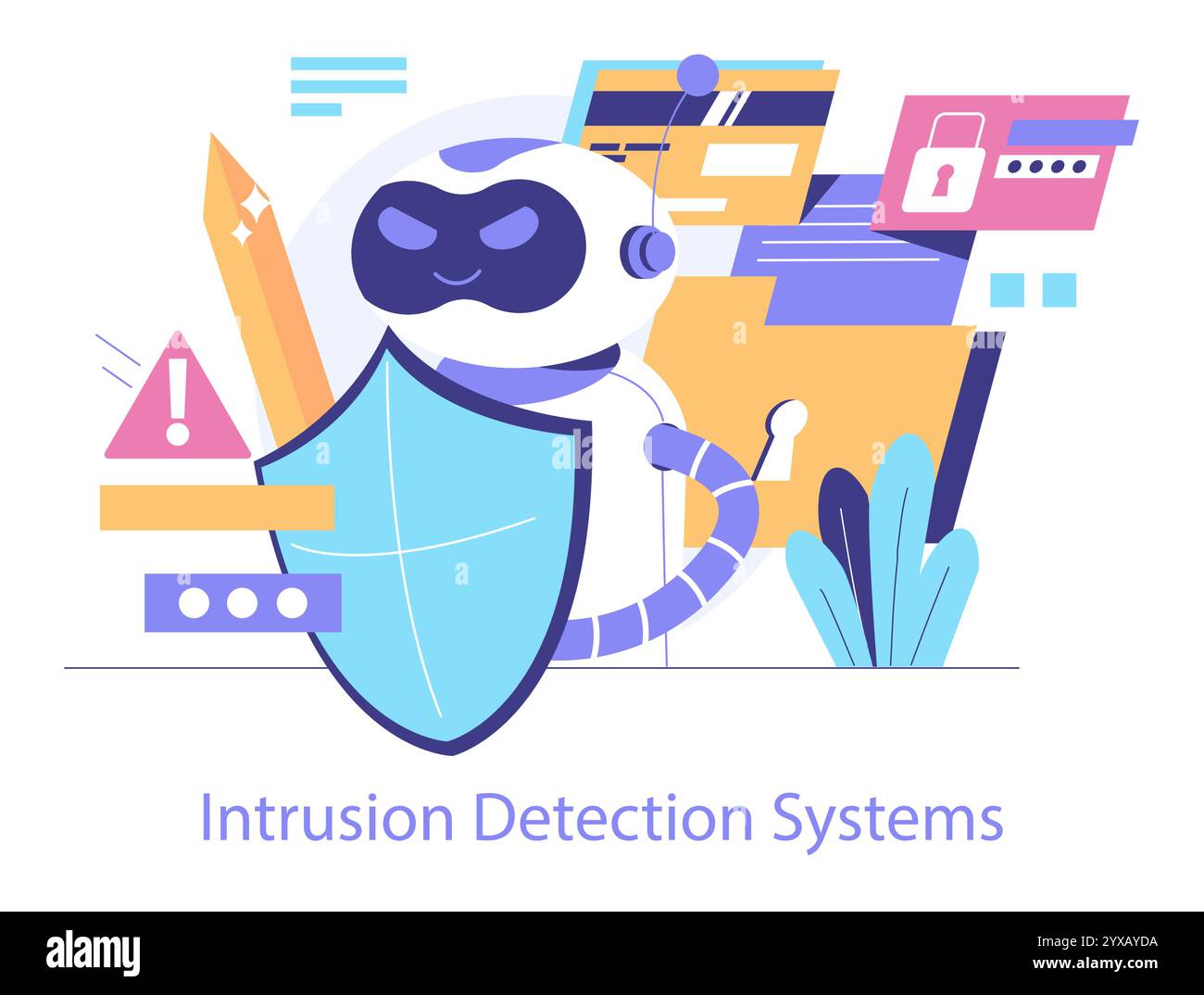 AI Cybersecurity concept. A friendly robot with a shield symbolizes advanced intrusion detection ...