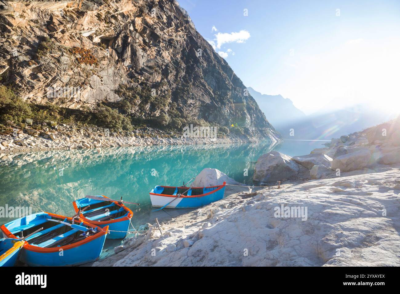 Touristic boats on the lake Paron in Cordillera Blanca, Peru, South ...