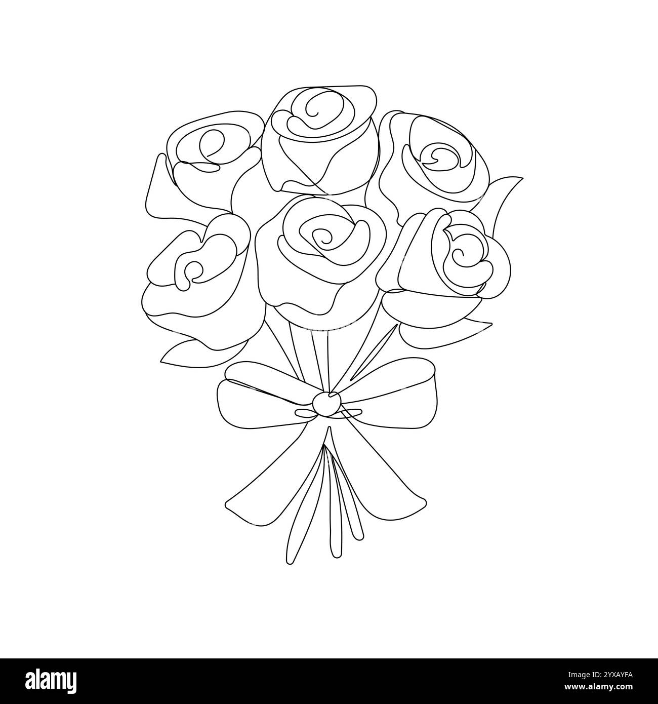 A bouquet of roses tied with a bow. One solid black line . for greeting ...