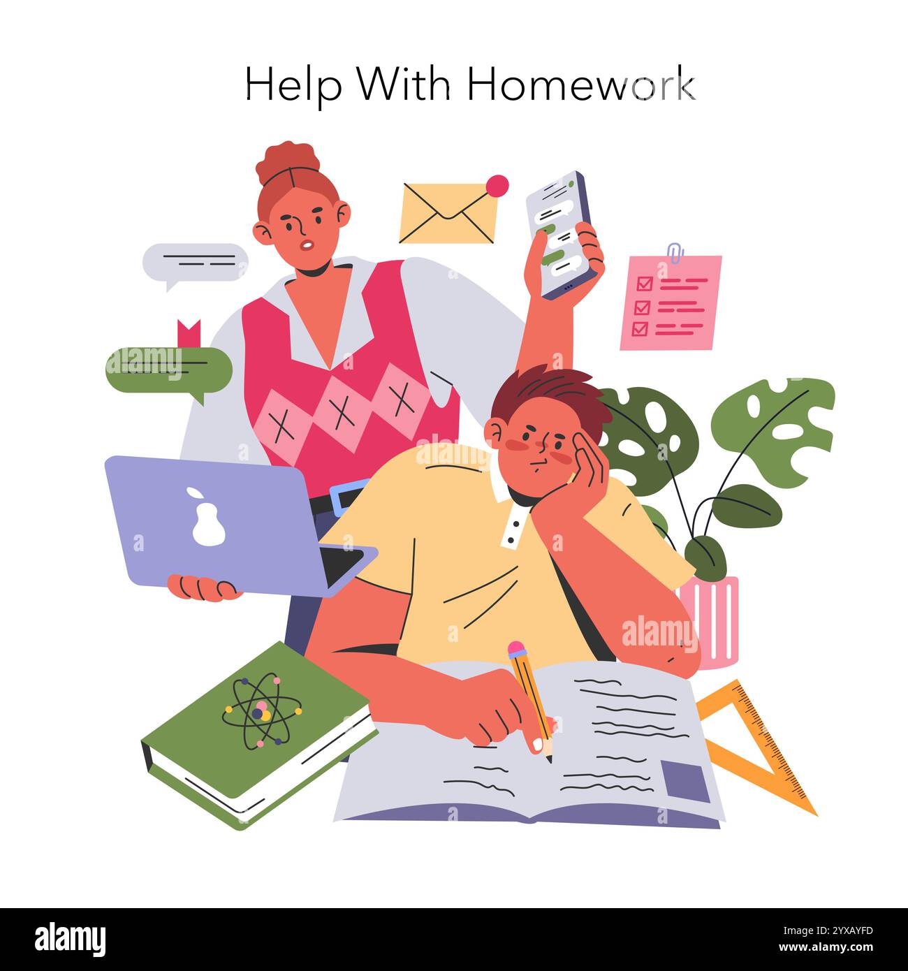 Working mom life concept. Multitasking mother assists with homework ...