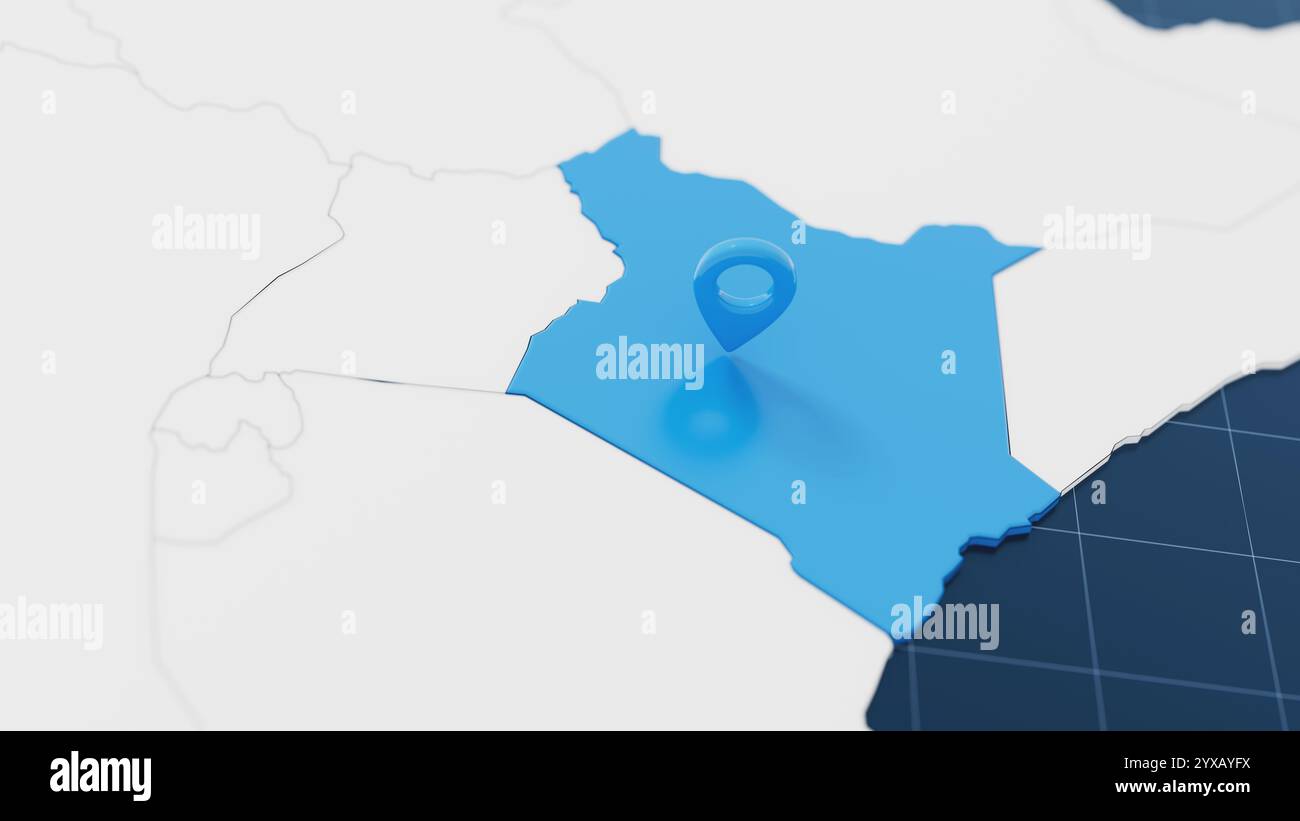 Blue Kenya 3d map with pointer pin surrounded with other countries in ...