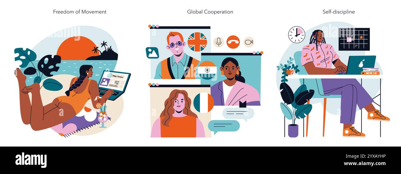 Remote Work set. Digital nomad enjoying beach, online meeting ...