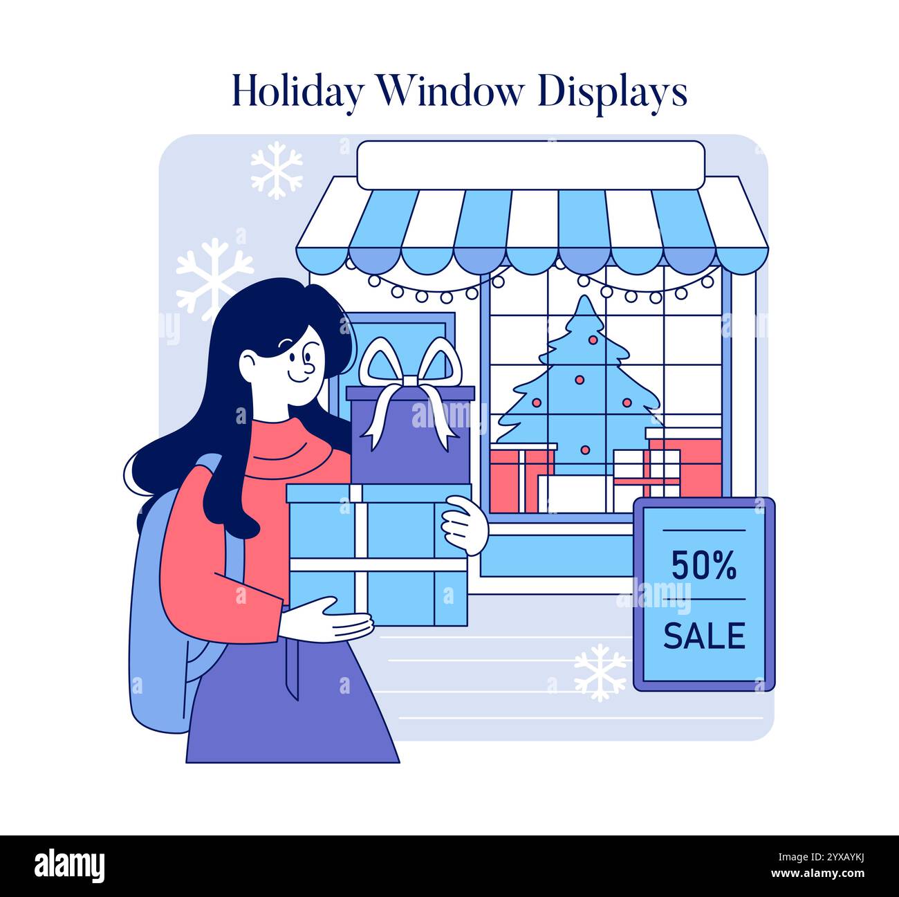 Super Saturday concept. Shopper admiring festive window display with ...