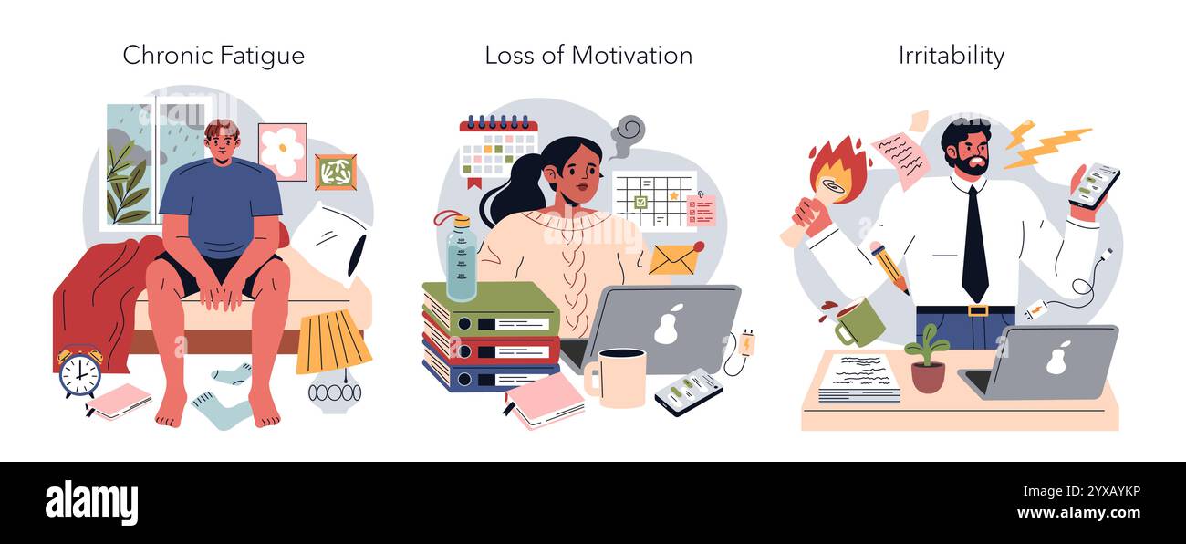 Burnout signs set. Employees exhibit chronic fatigue, loss of ...