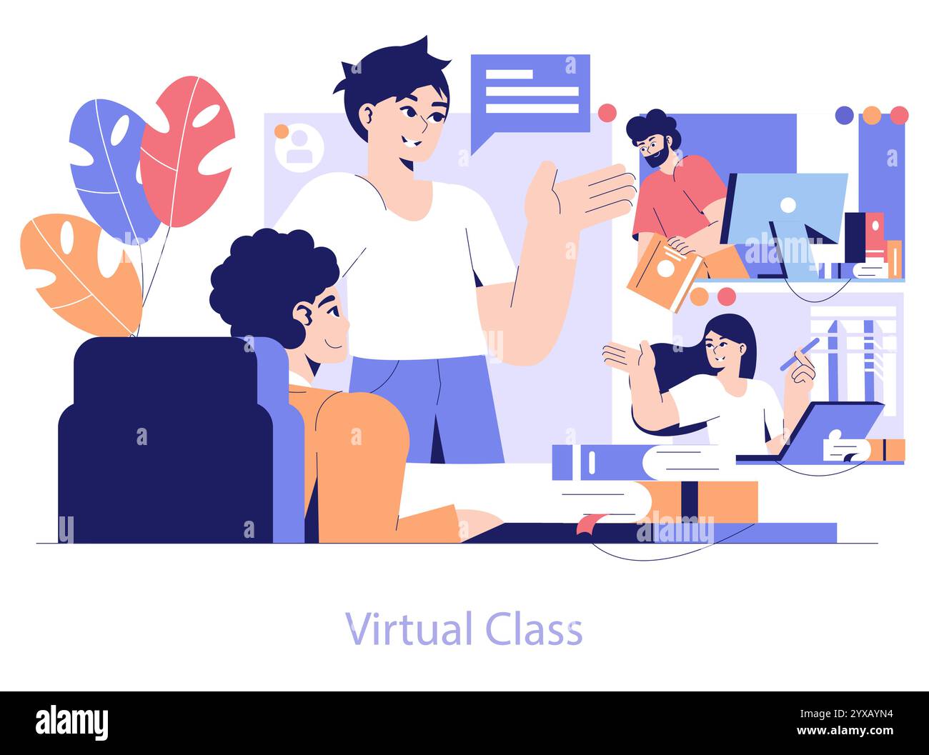 Edtech concept. A virtual classroom scene with engaged students and a ...