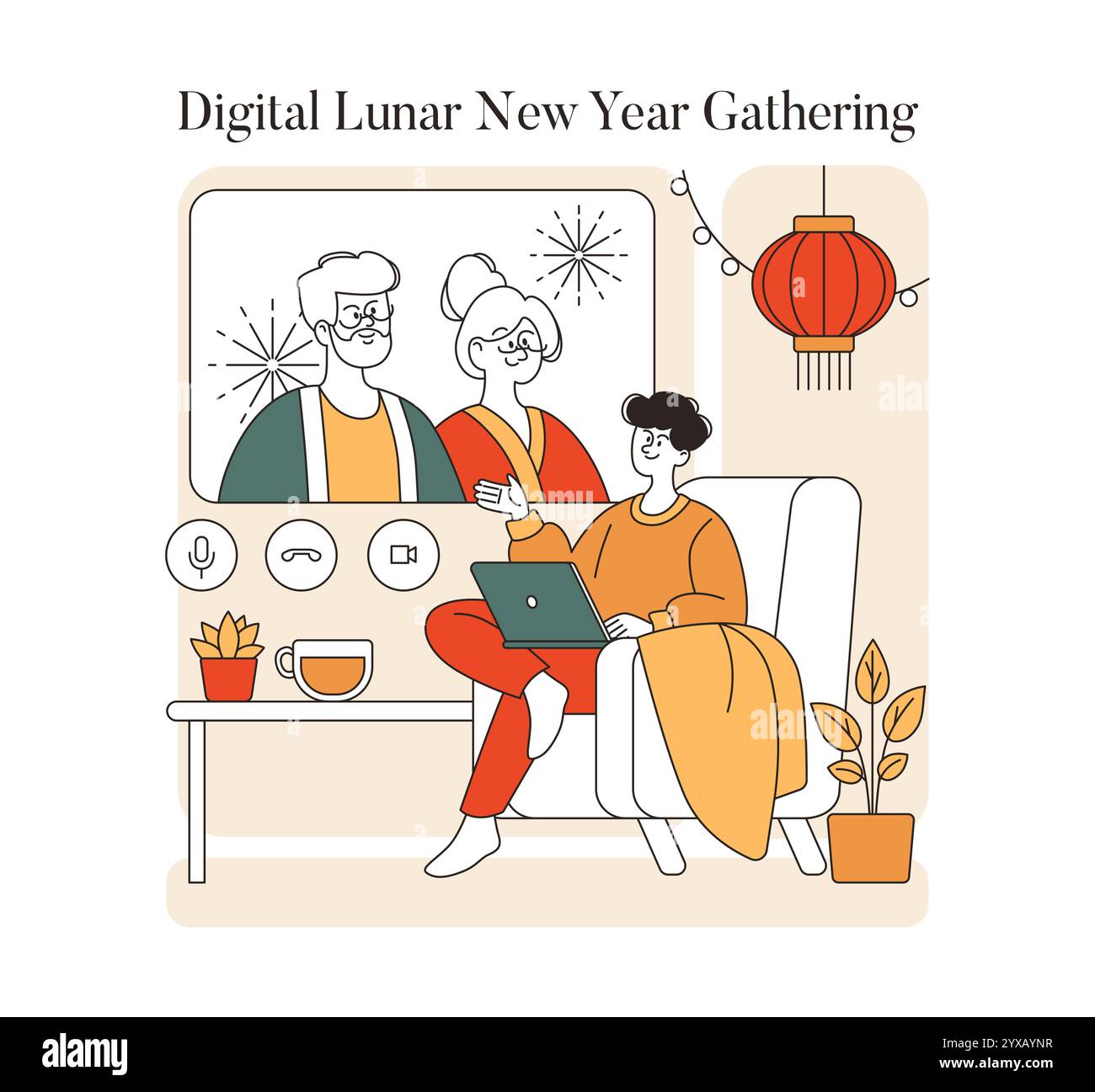 Lunar New Year virtual celebration illustration with family video ...