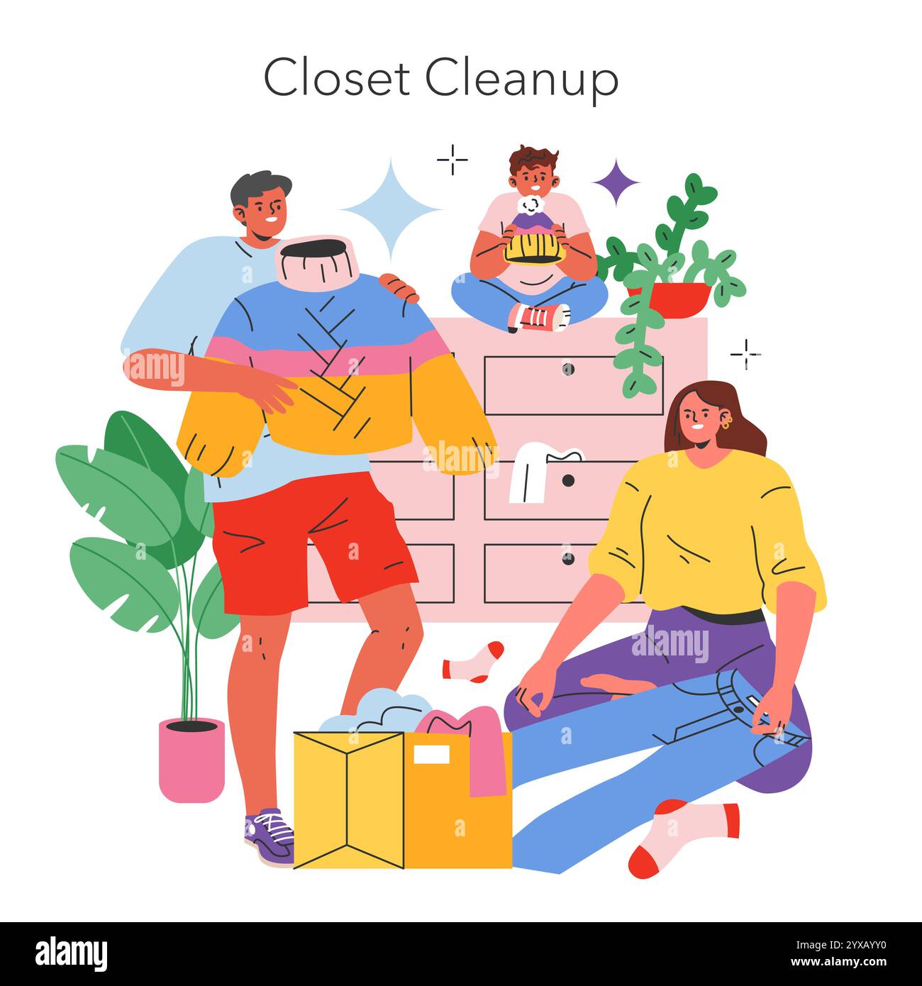 Closet Cleanup concept. Family engaged in tidying and organizing the ...