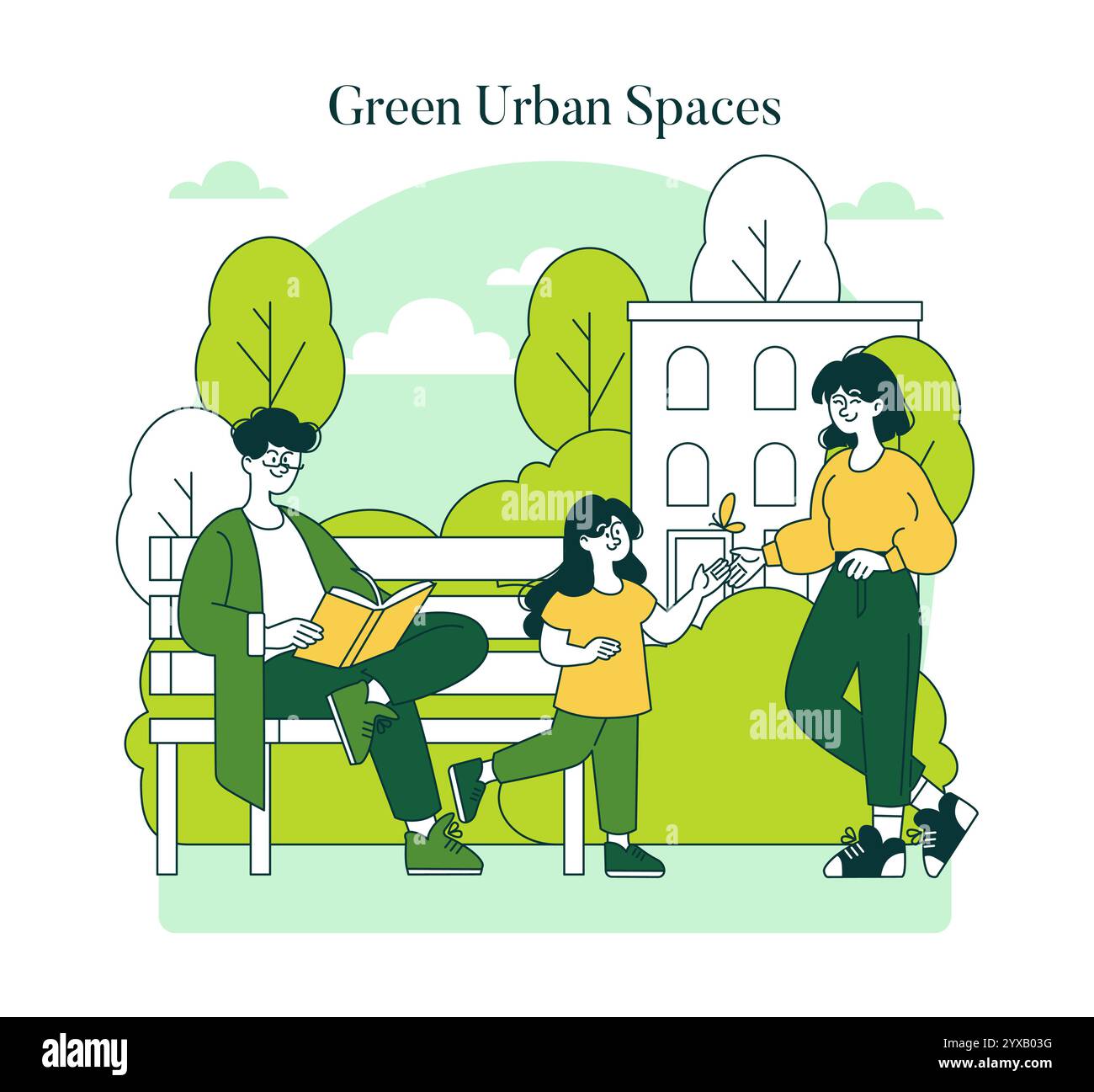 Green Urban Spaces concept. Citizens enjoying eco-friendly city life amidst lush park ...
