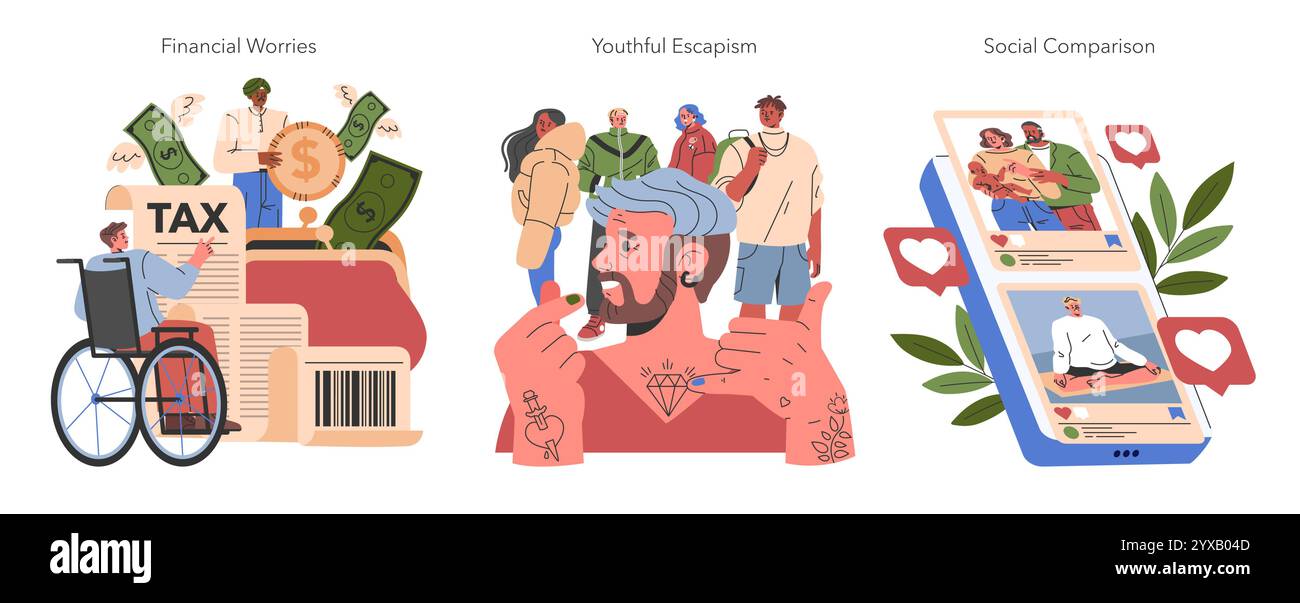 Midlife Crisis set. Challenges of aging, personal finance stress, chasing youth, social media ...