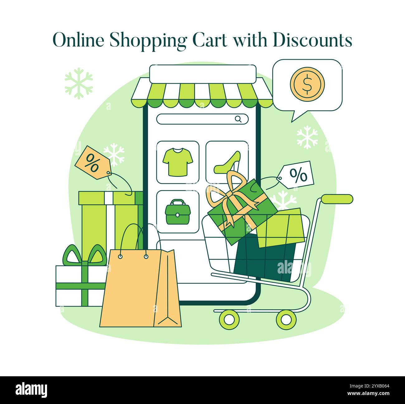 Green Monday concept. Digital cart loaded with gifts hinting at online ...