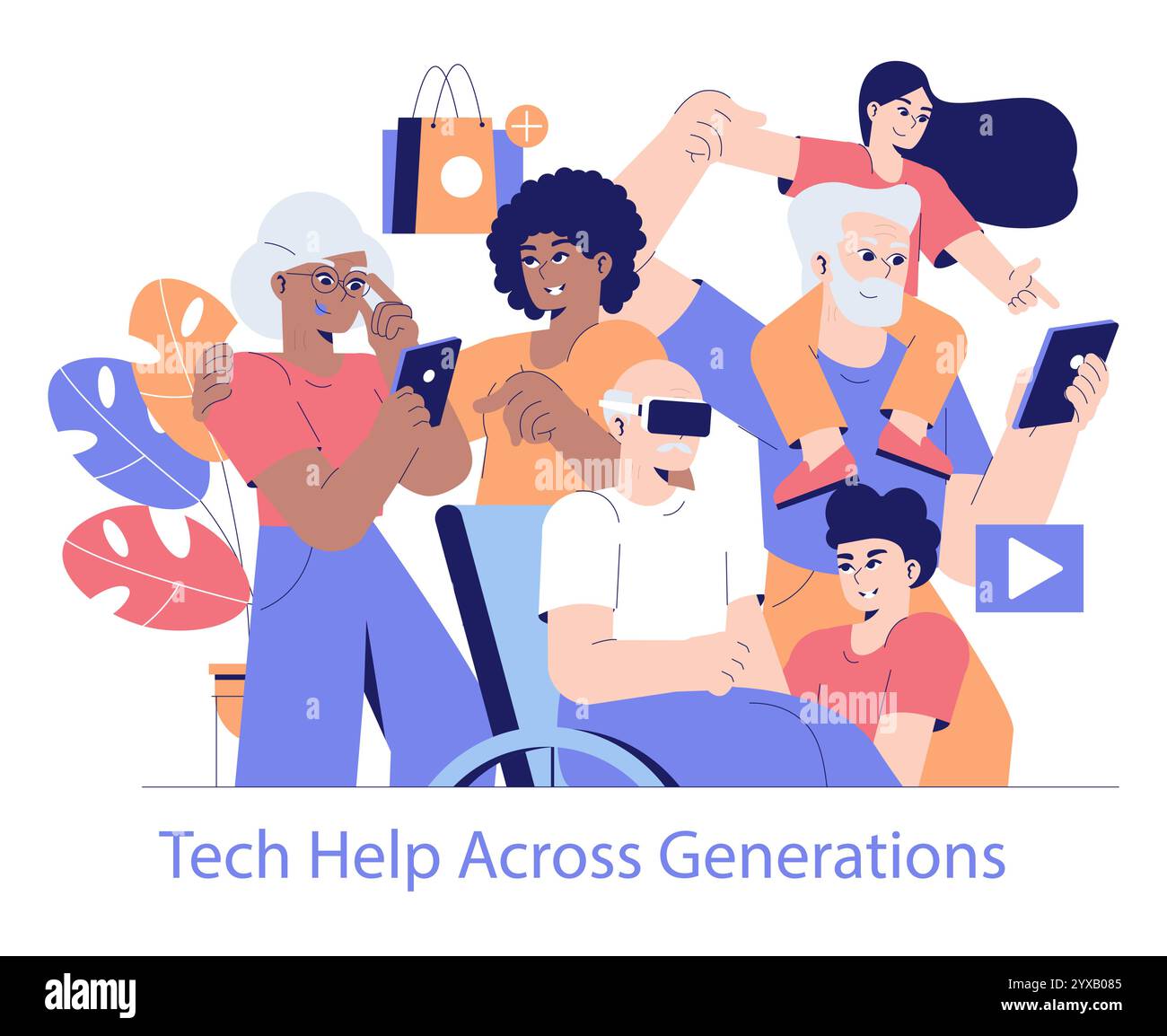 Inter-generational tech assistance concept. Diverse family members using gadgets; young teaching ...