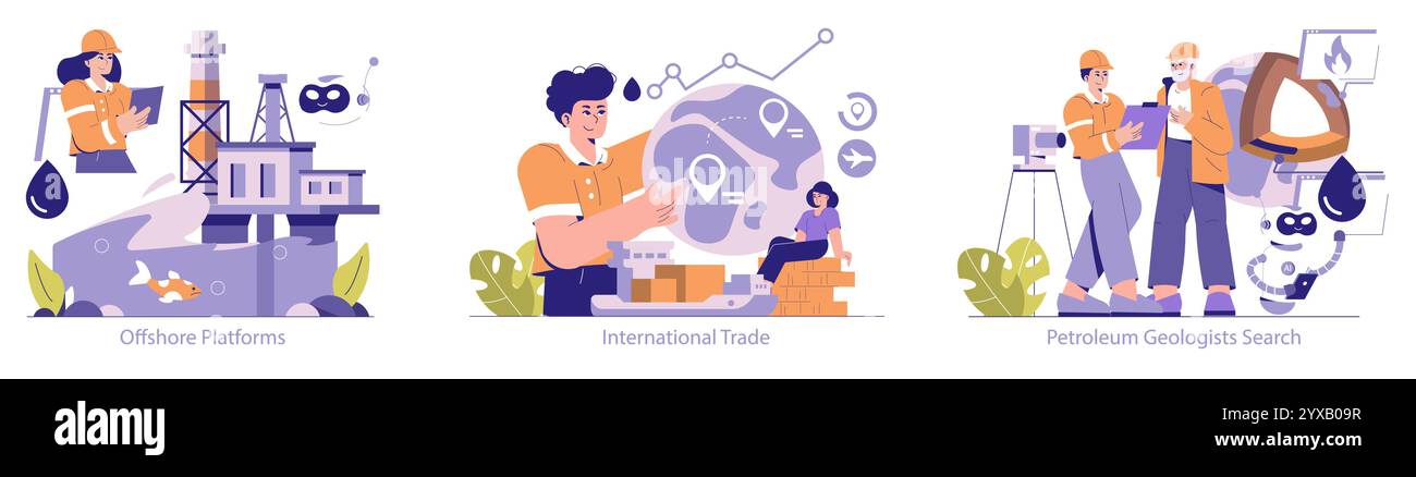 Oil and gas industry set. Exploration, trade, and extraction processes ...