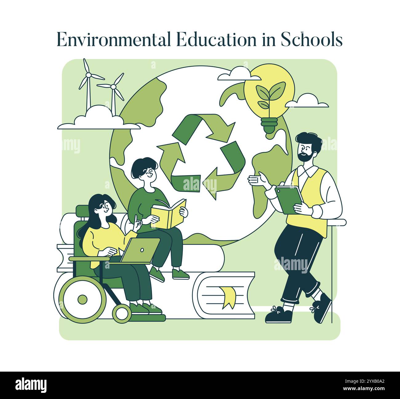 Environmental education concept. Students learning about sustainability and green energy in ...