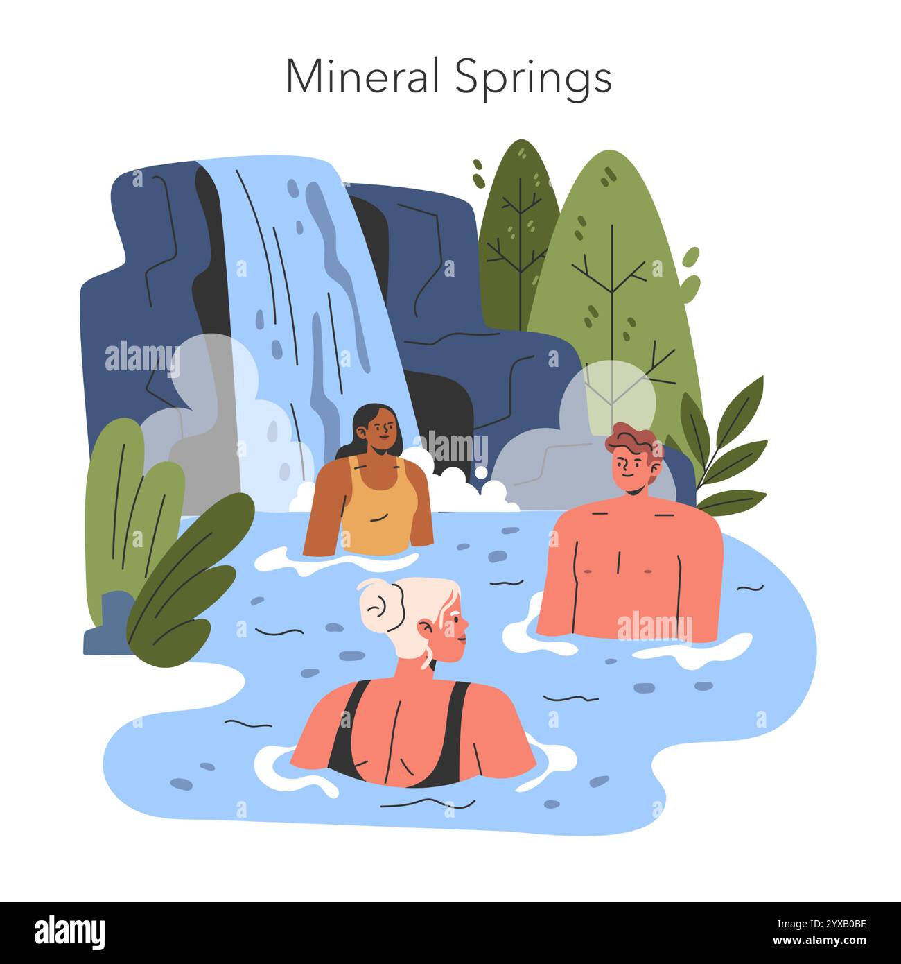 Mineral Springs concept. People enjoying a rejuvenating soak in natural hot springs, surrounded ...