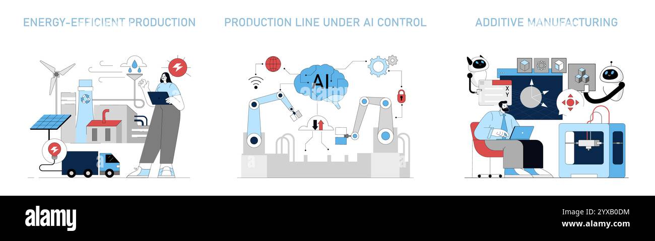 Industrial automation set. Illustrations of energy efficiency, AI ...