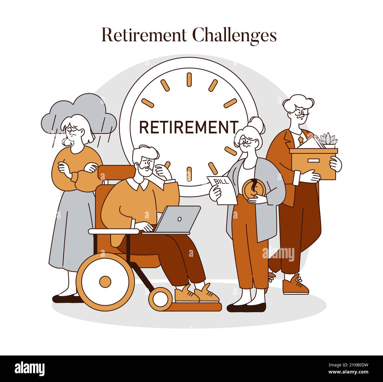 Retirement Challenges concept. Seniors facing financial, health, and ...