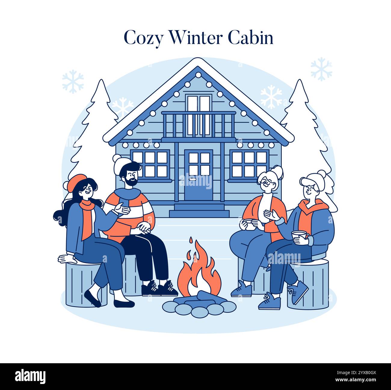 Hello Winter concept. Friends gather by a fire outside a snowy cabin ...