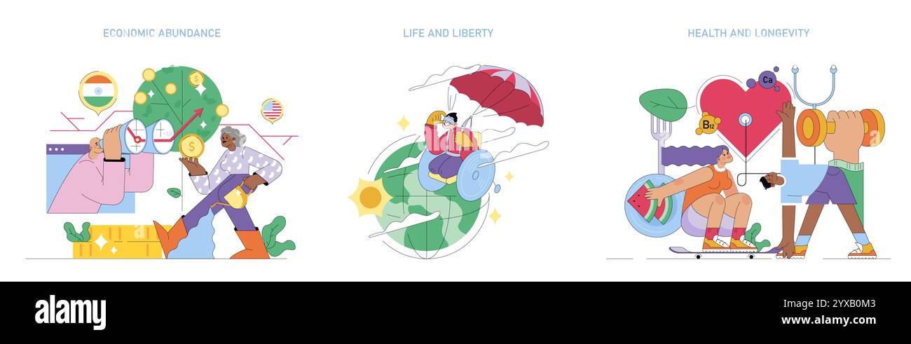 Human Values set. Illustrations depicting economic growth, freedom of ...