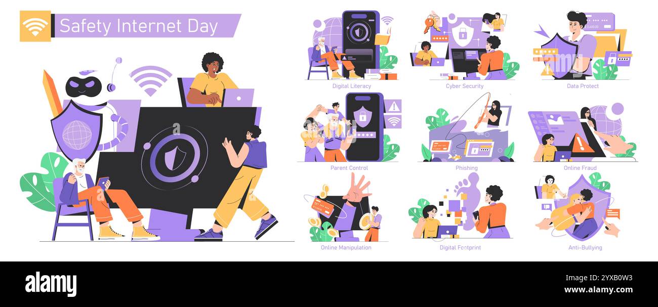Safety Internet Day concept. People engaging with digital security ...
