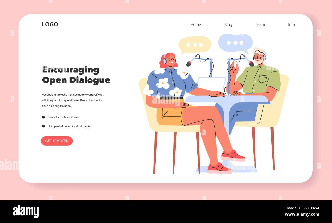 Communication concept. Two people engaged in a podcast recording ...