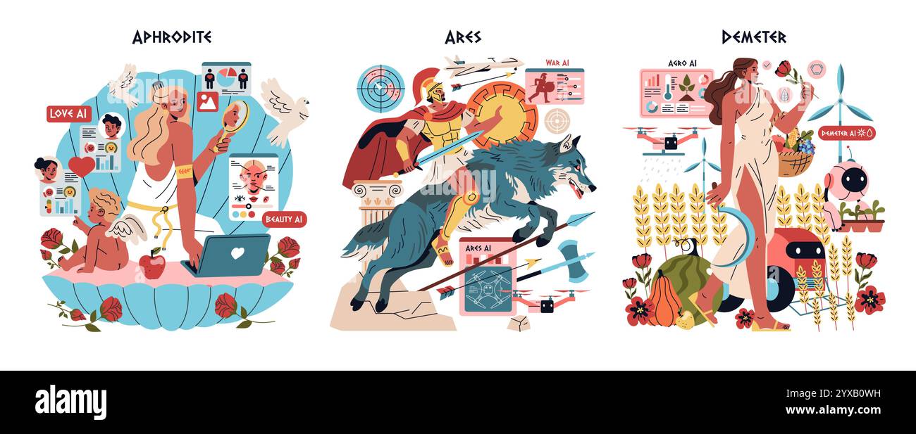 Olympic Gods Synergy AI concept. Aphrodite, Ares, and Demeter portrayed ...