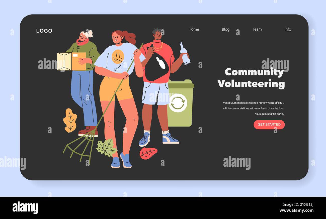 Community Volunteering concept. Diverse team engaged in neighborhood cleanup with waste bin ...