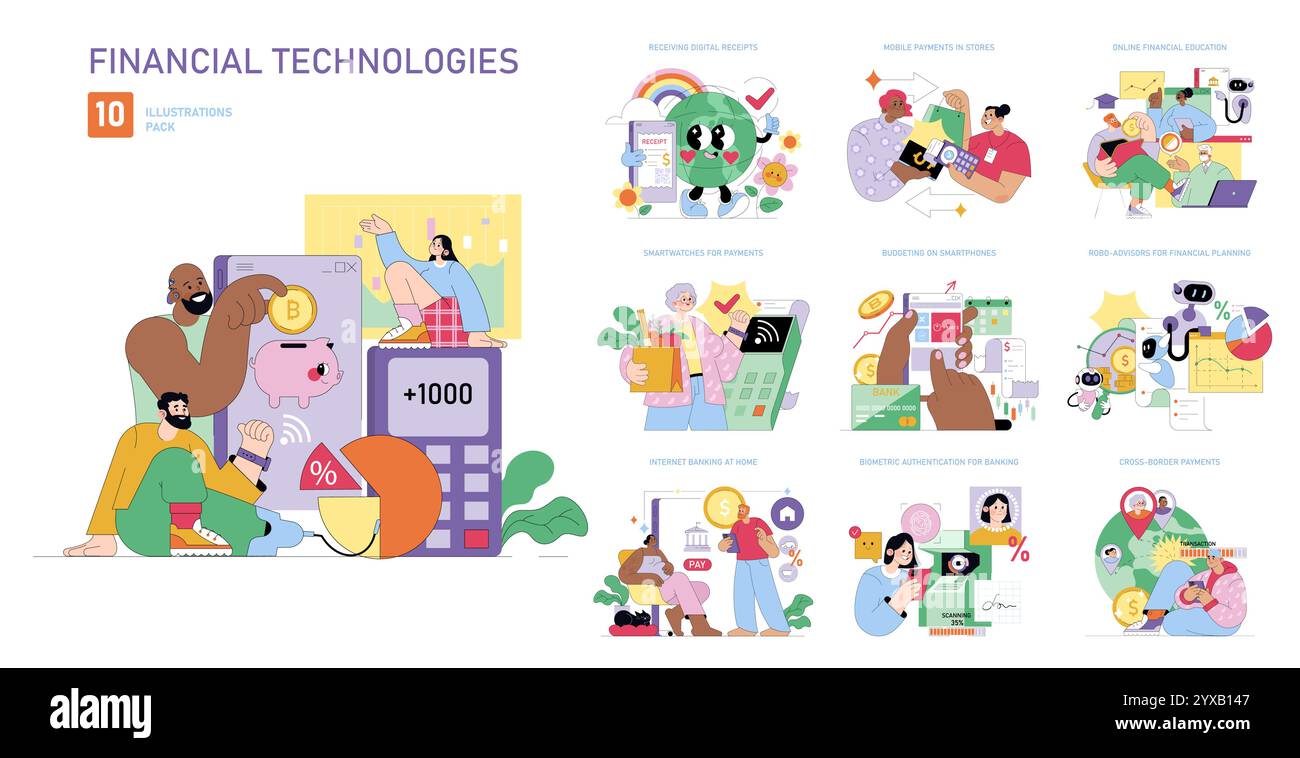 Financial Technologies set. Digital payment methods, cryptocurrency ...