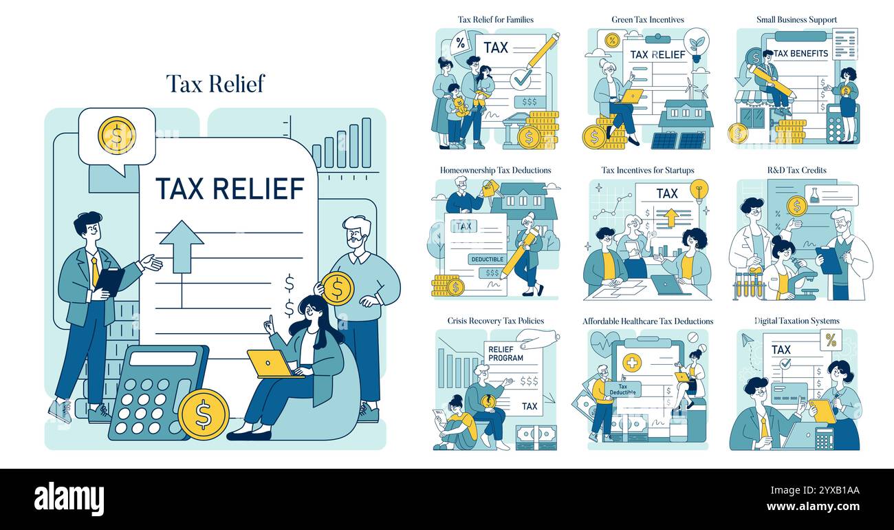 Tax Relief set. Illustrating diverse tax deductions and credits for ...
