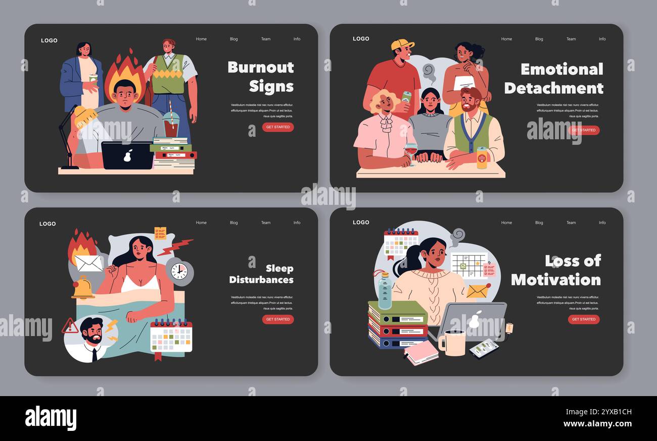 Burnout Signs set. Stressed individuals experiencing work overload ... Burnout Signs set. Stressed individuals experiencing work overload ...