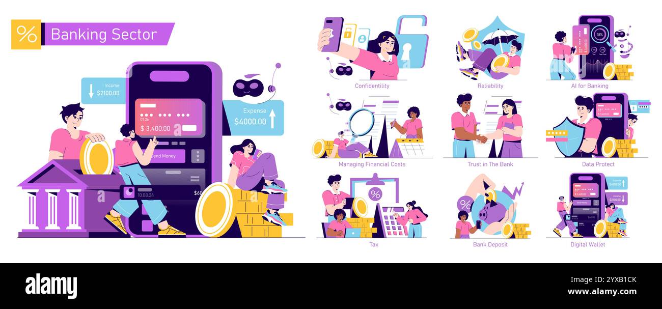 Banking Sector set. Essential financial services and customer ...