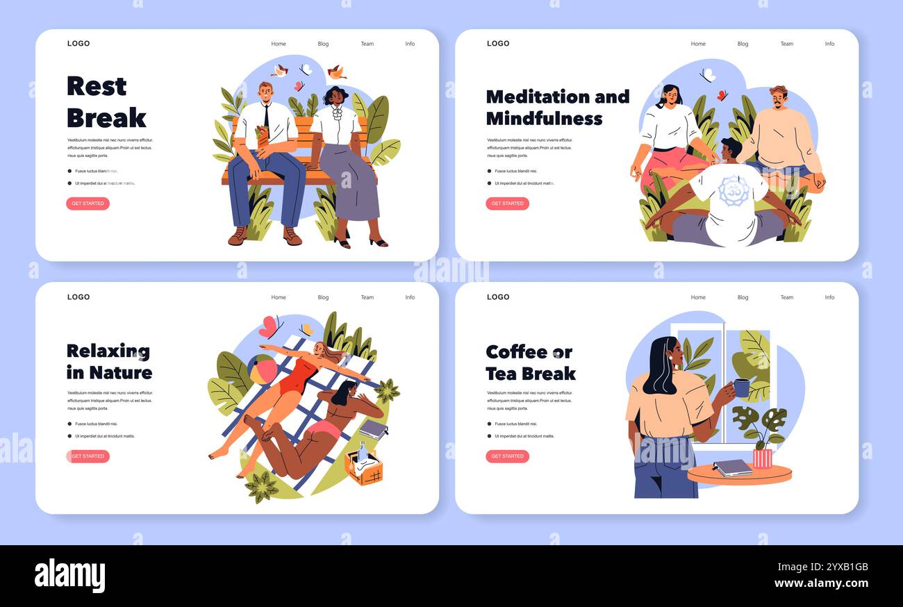 Burnout Breaks set. Illustrations displaying different ways to relax ...